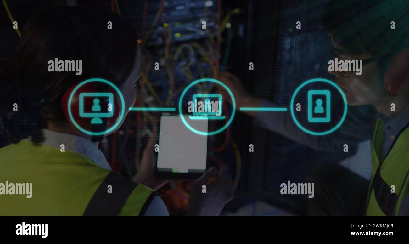 Image of icons over diverse male and female it engineers with tablet by ...