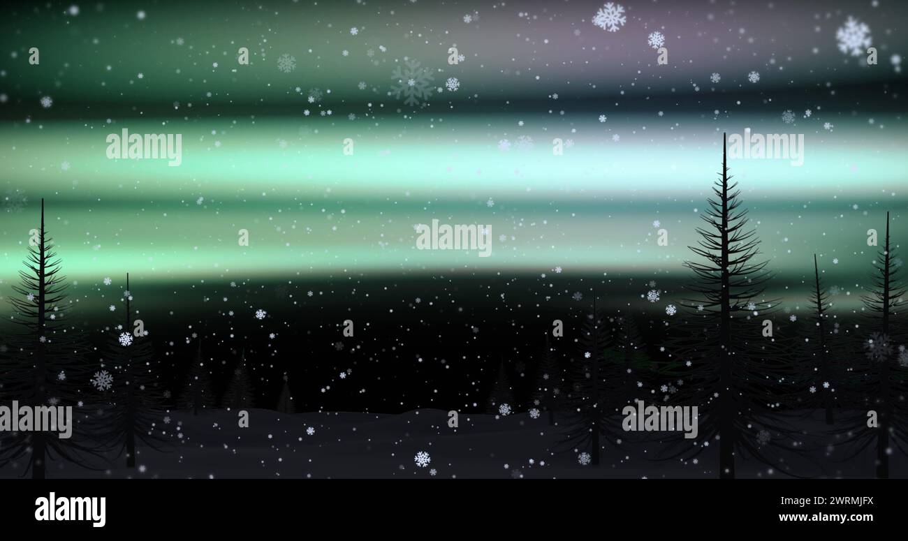 Image of snowflakes and northern lights over forest landscape Stock ...