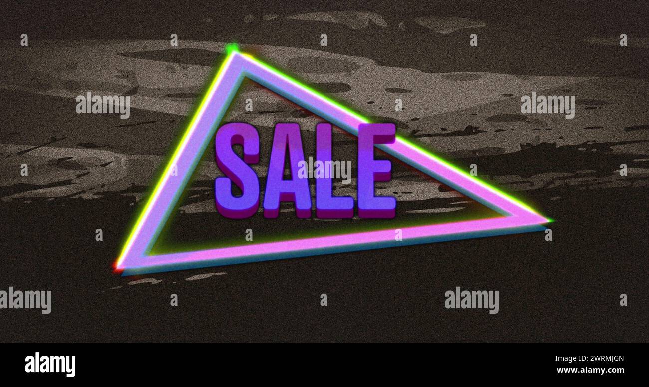 Image of retro sale purple text over neon triangle on distressed grey ...