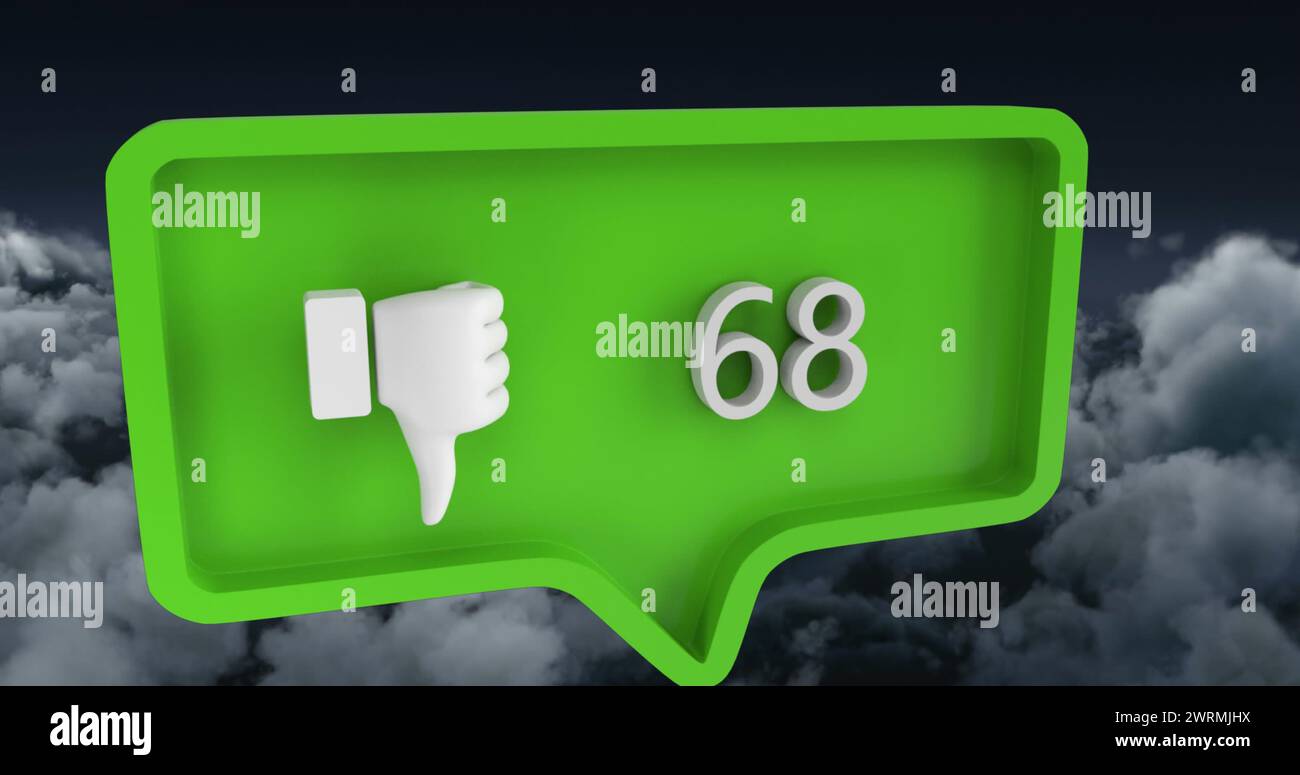 Image of unlike icon with numbers on speech bubble over sky and clouds ...