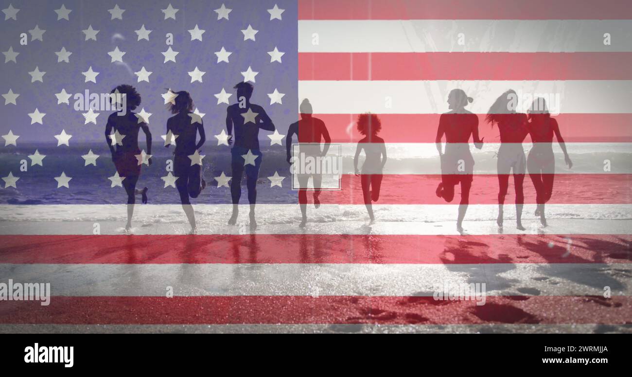 Image of american flag waving over friends running on beach Stock Photo ...