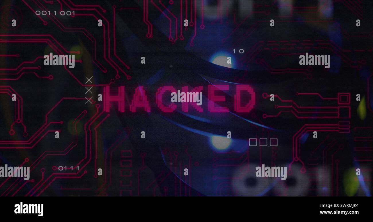 Red HACKED text overlays a digital circuit board background. The visual ...