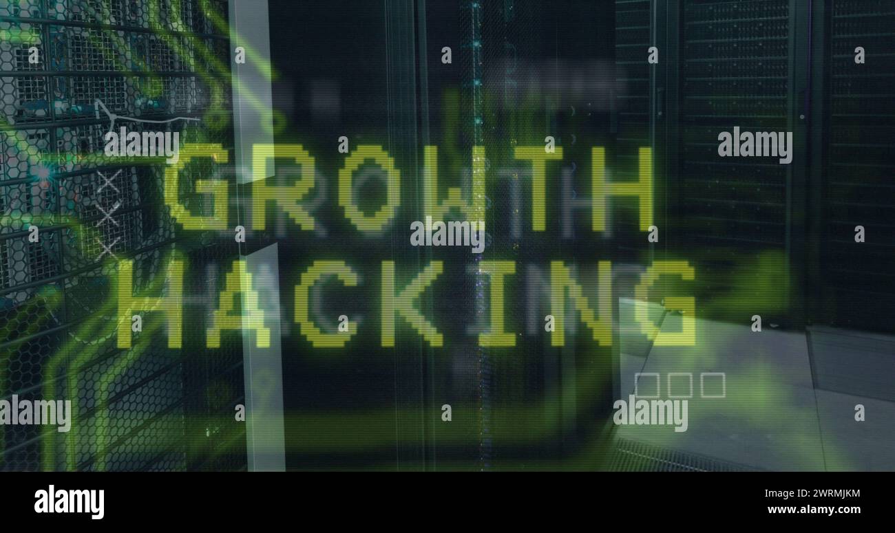 Image of growth hacking text and data processing over server room Stock Photo - Alamy