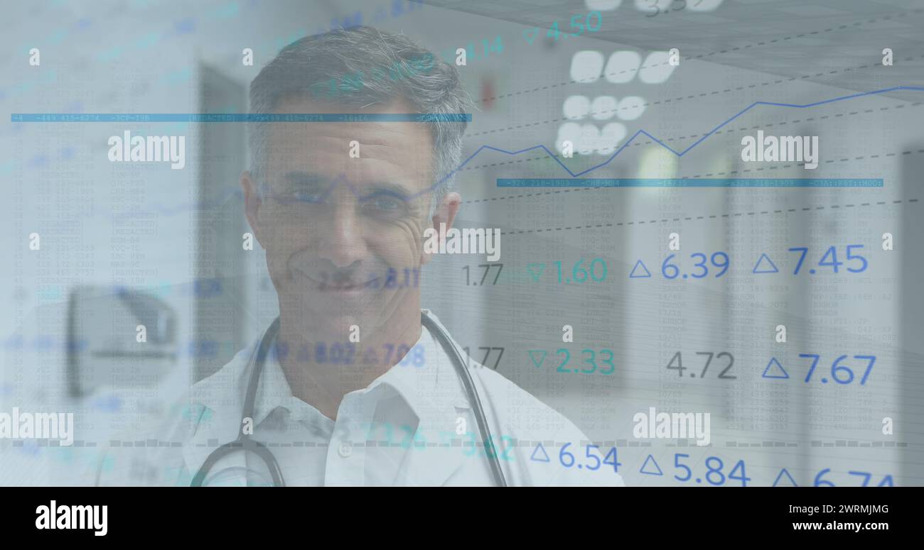 Image of data processing and statistics over male doctor with ...