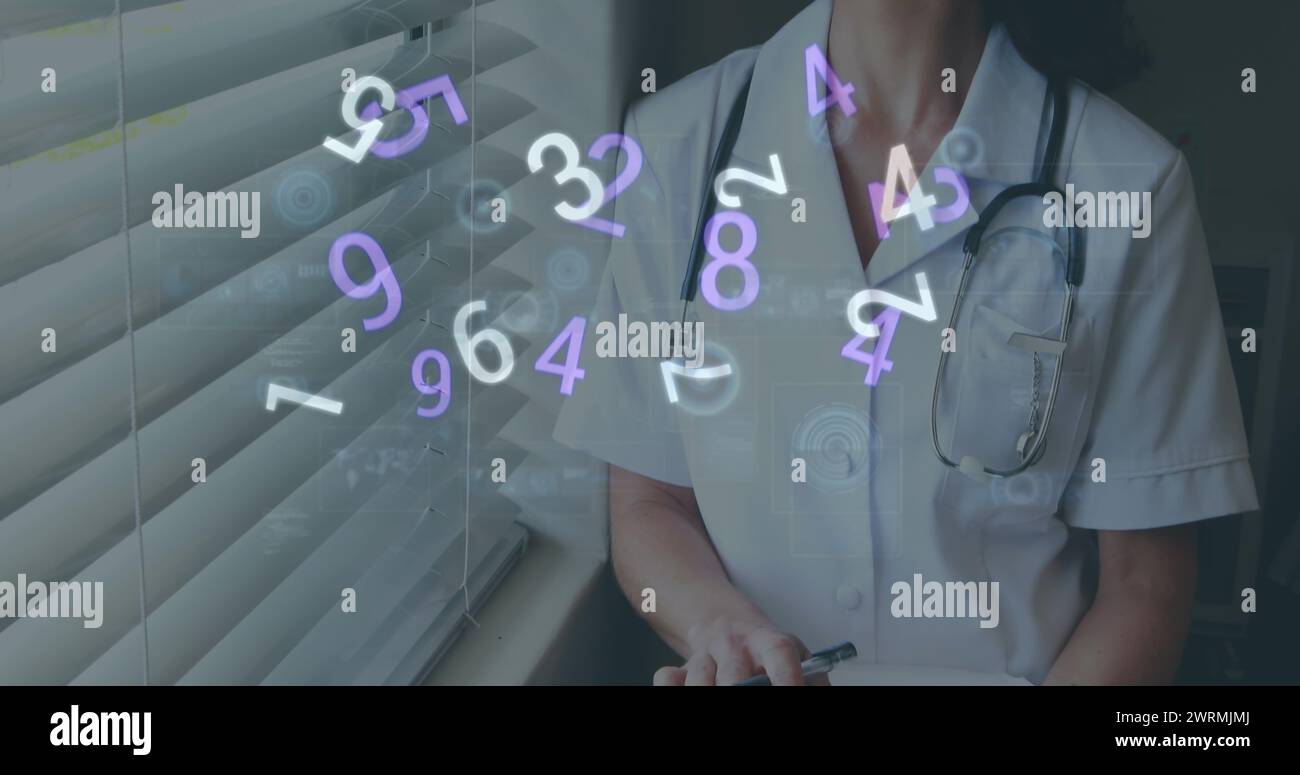 Image of statistics and numbers changing over female doctor Stock Photo ...