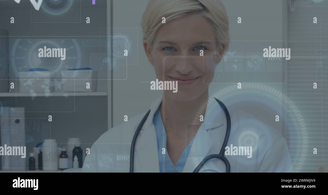 Image of numbers changing and scopes on screens over female doctor with ...