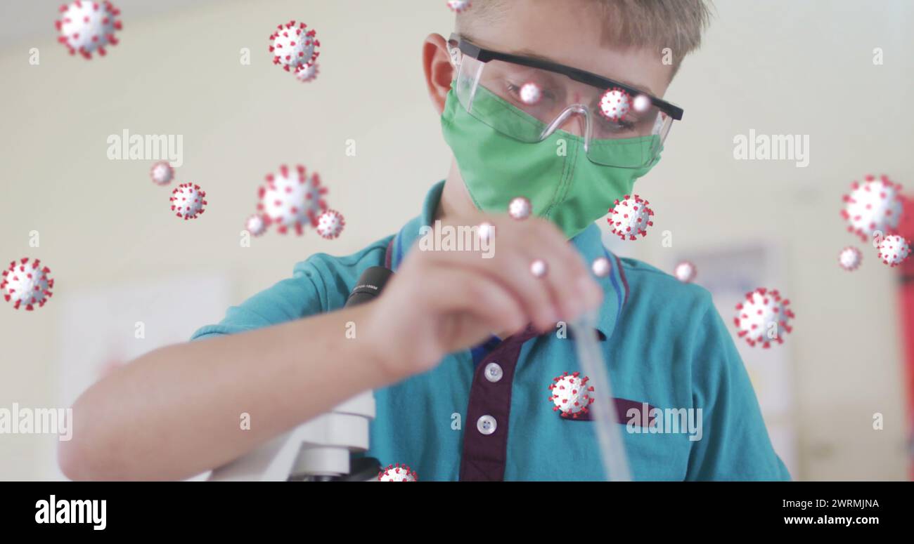 Multiple covid-19 cells floating against boy wearing face mask ...