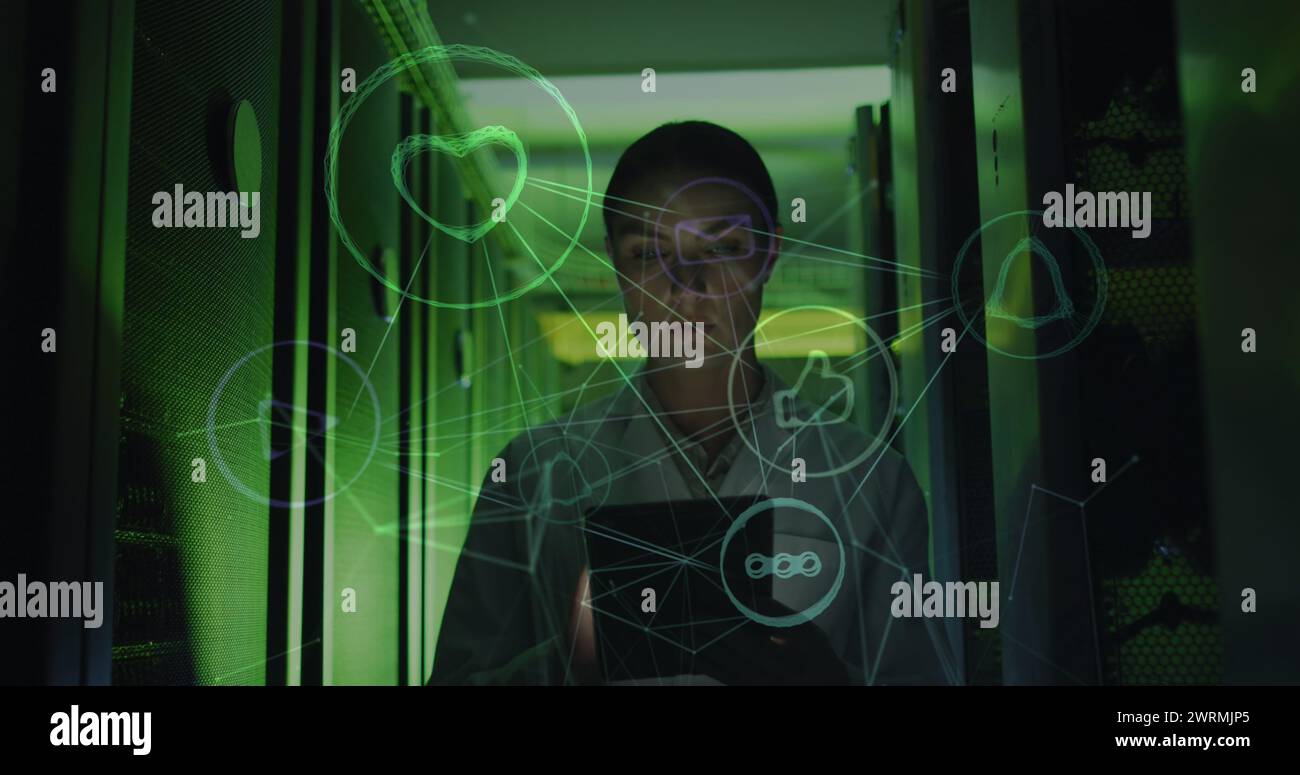 Image of network of connections and icons over caucasian female server ...