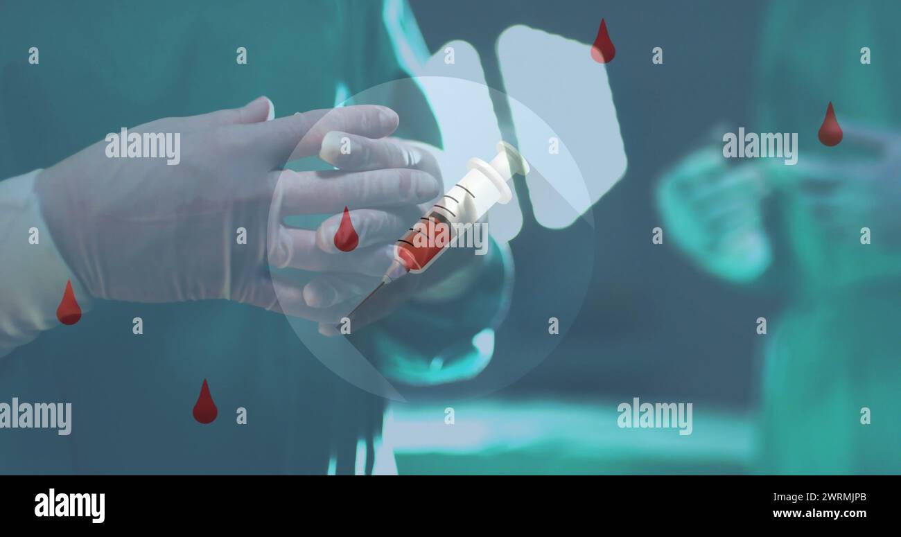 Image of blood drops and syringes over hands of surgeon in hospital ...