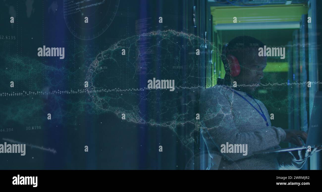 Image of human beain and data processing over african american male ...