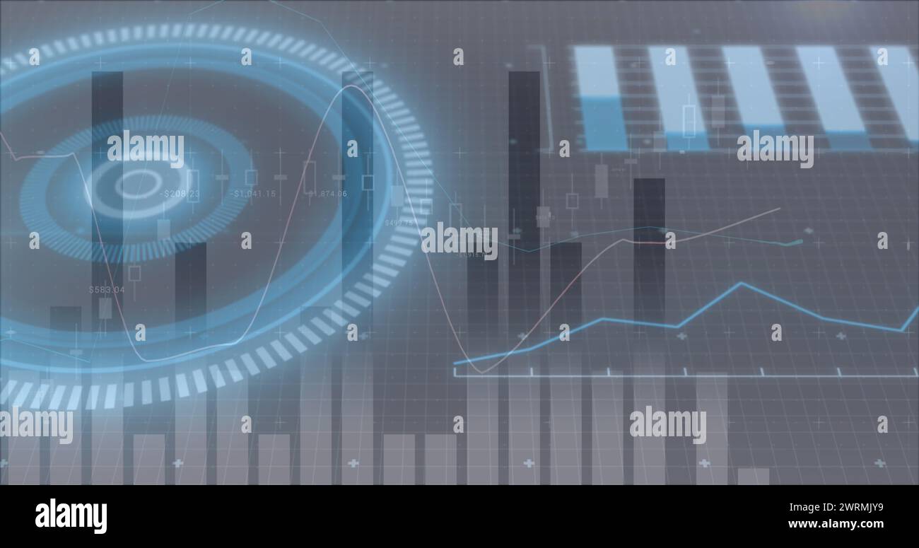 Image of glowing interface with charts and graphs moving on dark ...