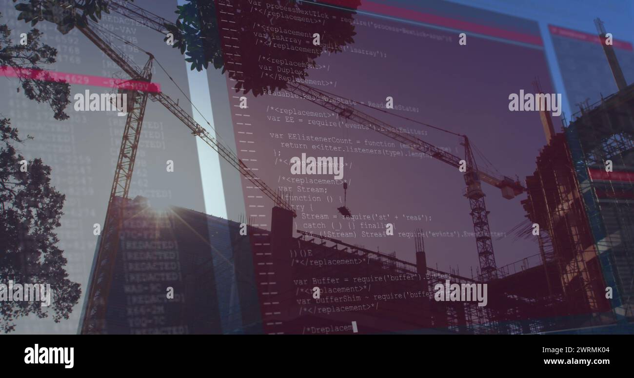 Image of interface display with scrolling information text over cranes ...