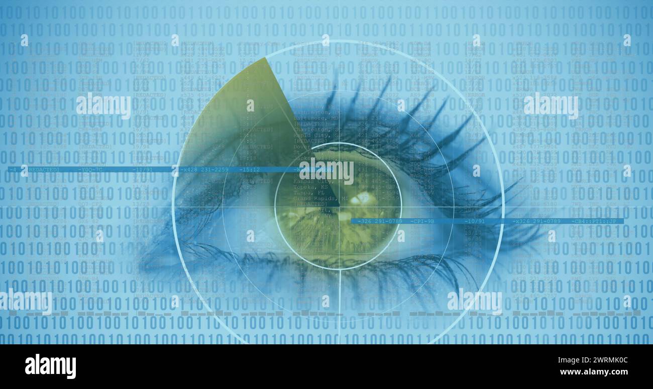Image of woman's eye with circular scope scanning iris and digital ...