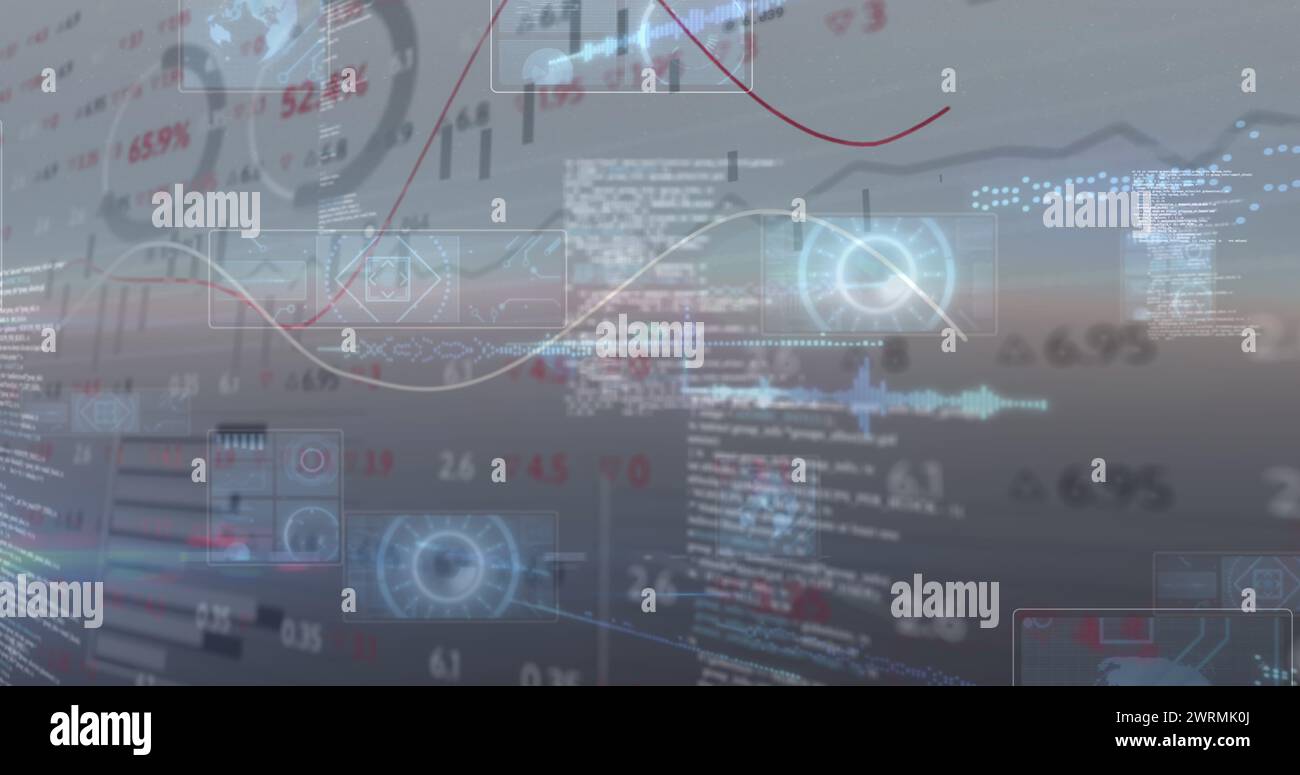 Image of glowing interface with charts, information and statistics ...