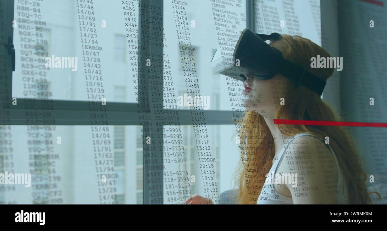 Image of woman in vr headset by window with interface and fast ...