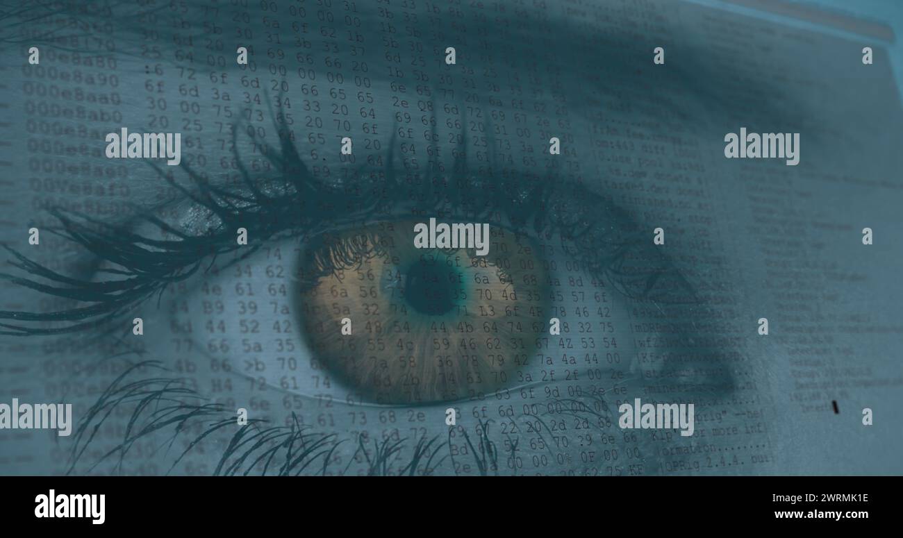 Image of woman's amber eye with fast scrolling digital information ...
