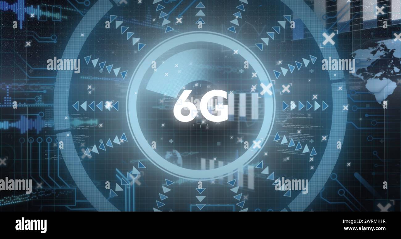 Image of 6g text and glowing interface with information moving on dark ...