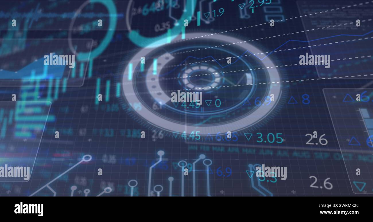 Image of glowing interface with charts and statistics moving on dark ...