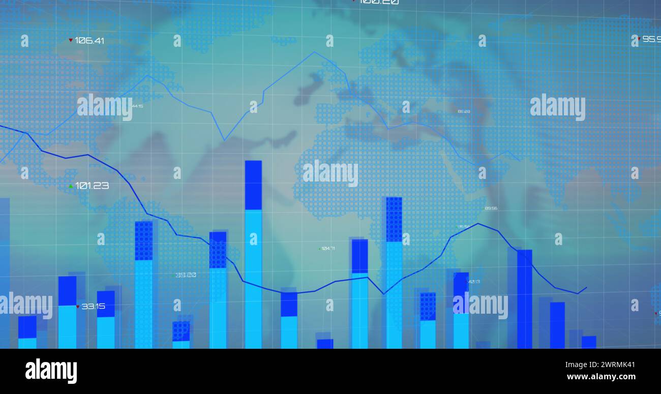 Image of interface with graphs and statistics with glowing world map on ...