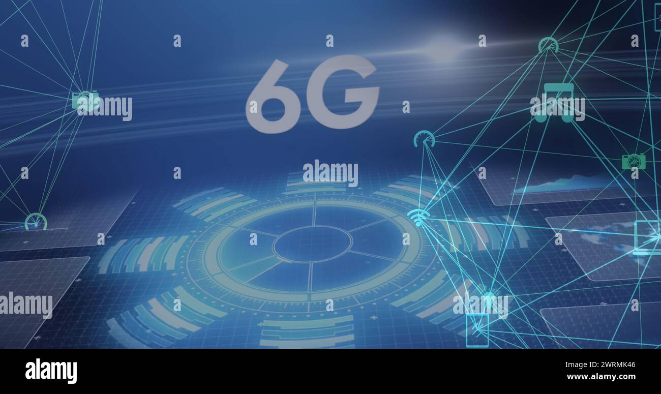Image of 6g text with glowing interface and a network of media icons ...