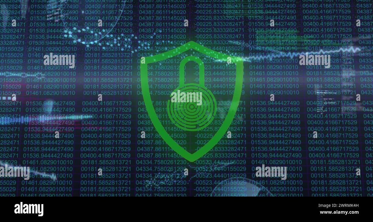 Image of interface with moving digital data and red and green flashing padlock alert Stock Photo ...
