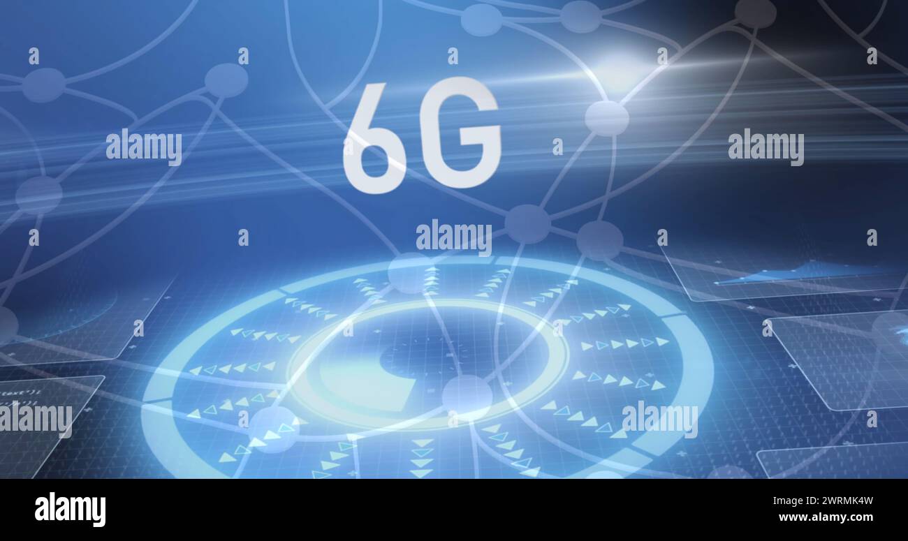 Image of 6g text and glowing interface with moving scope and network on ...