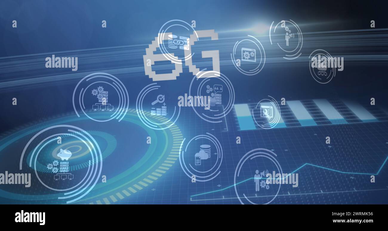 Image of 6g text and glowing interface with charts and business icons ...