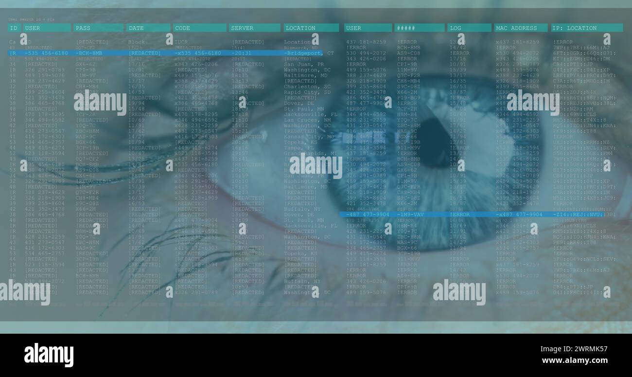 Image of woman's blue eye with fast scrolling digital information and ...