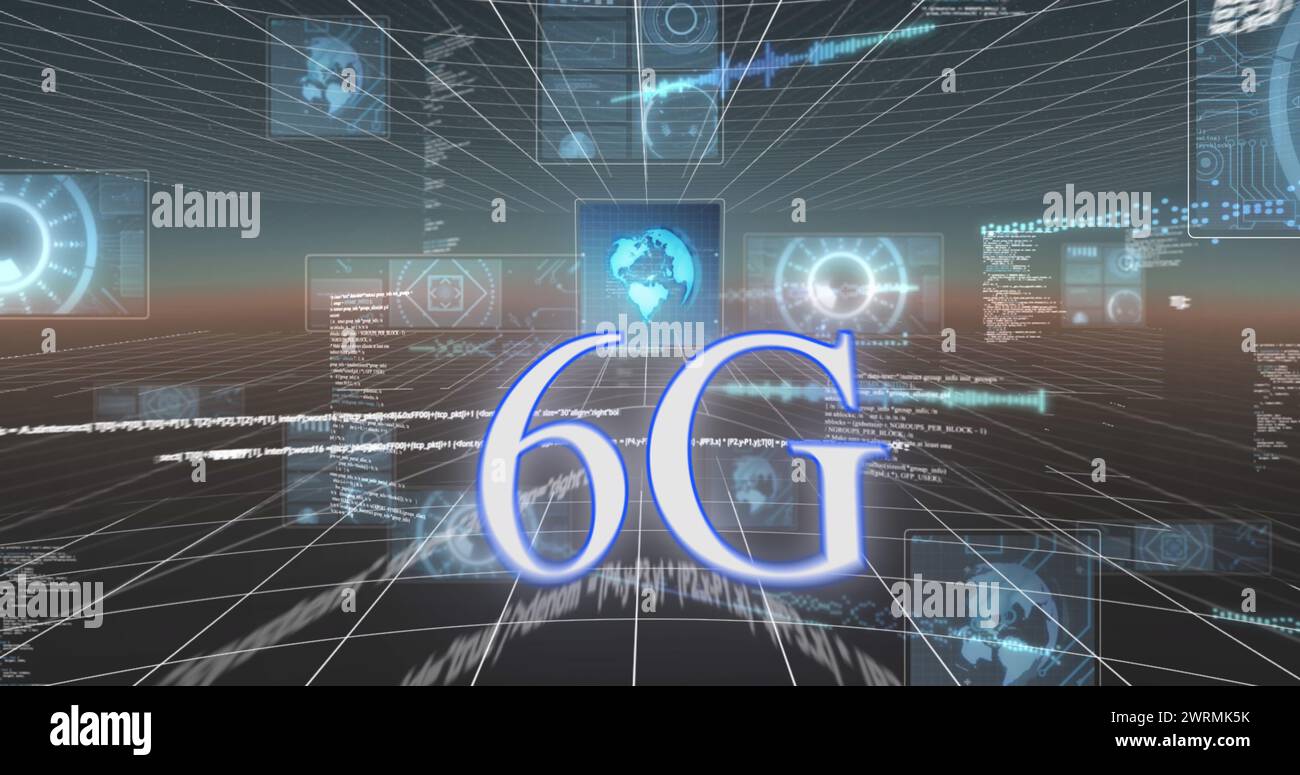 Image of 6g text and interface with charts, information and globes on ...