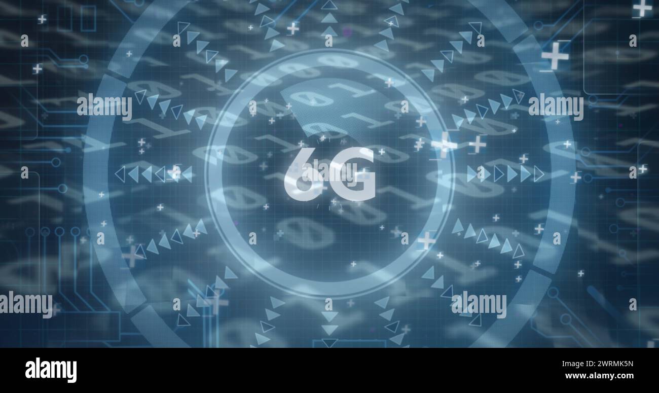 Image of 6g text and glowing interface and moving scope and binary numbers on dark background ...