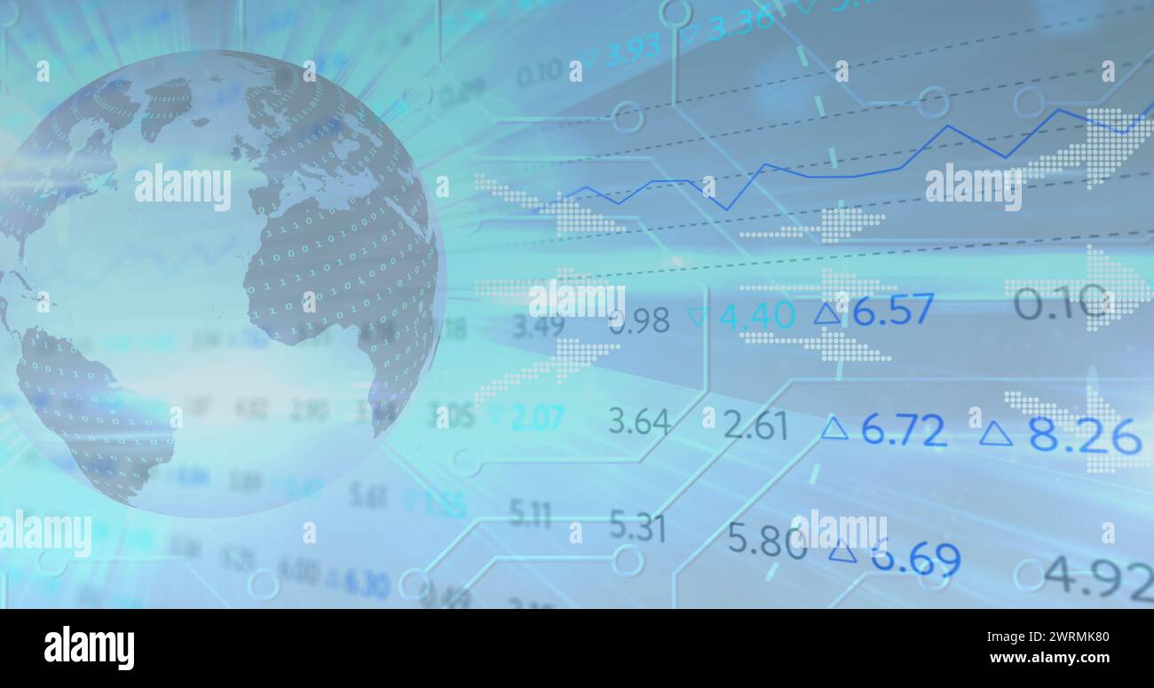 Image of moving data and information with graphs over globe spinning ...