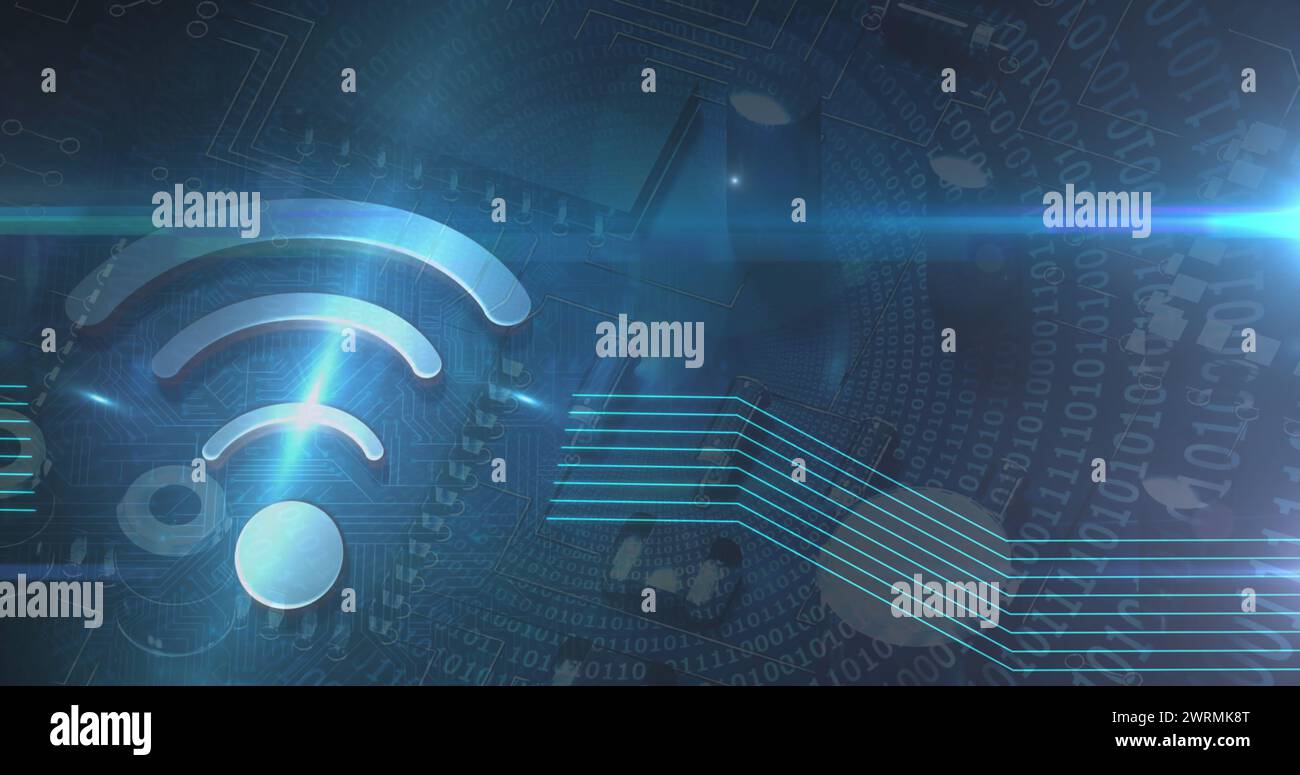 Image of wifi icon with a microprocessor over a tunnel made of numbers ...