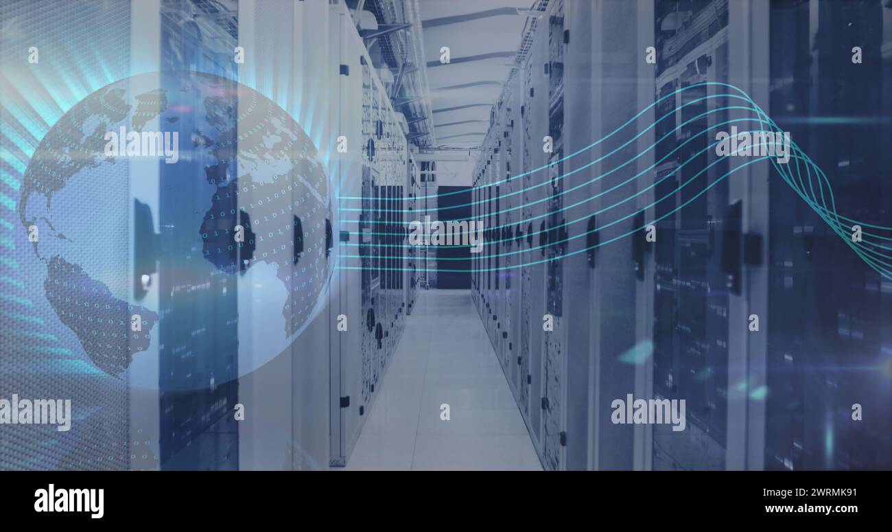 Image of globe spinning with data and information over an empty server ...