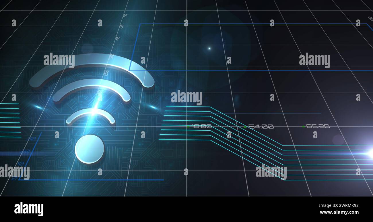 Image of wifi icon with graphs moving on a screen over a grid Stock ...