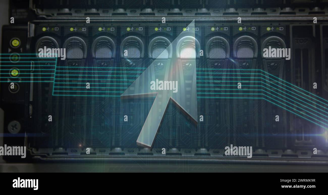 Digital composition of arrow icons and light trails against close-up view of computer server ...