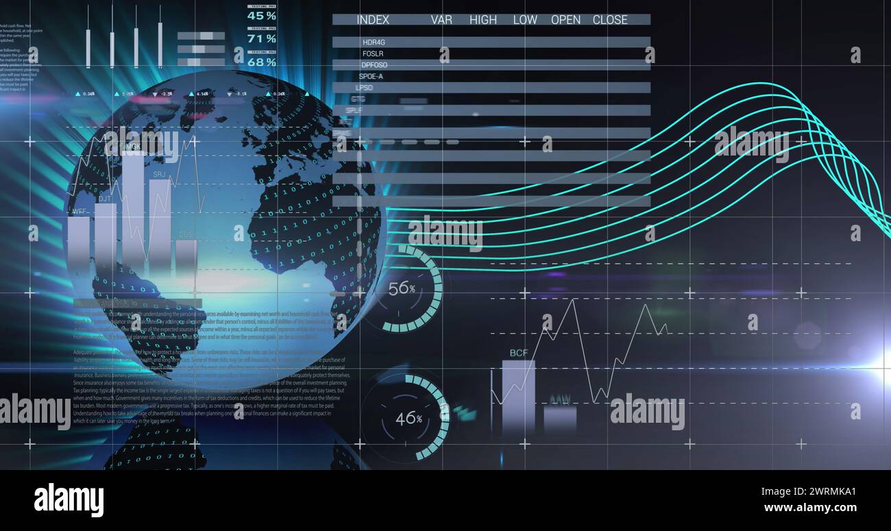 Image of graphs data and information moving on screen over grid and ...