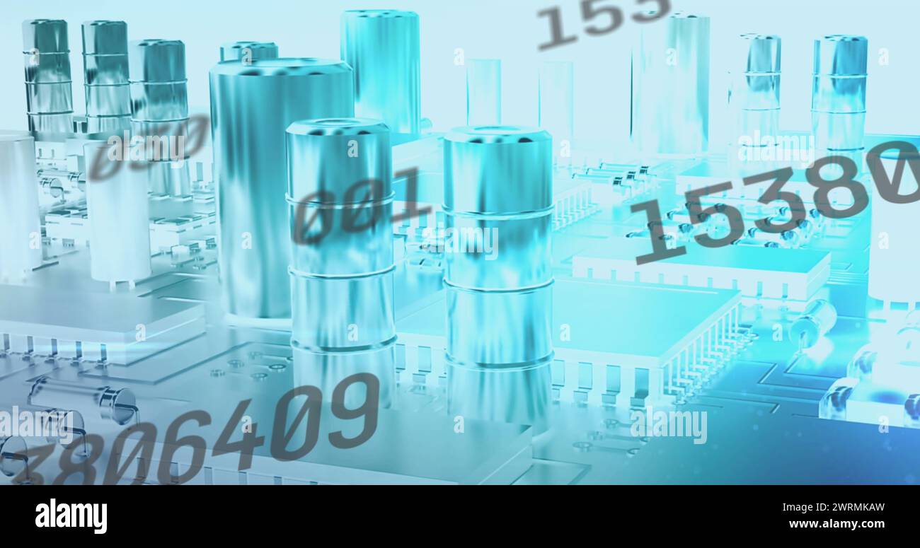 Image of changing black numbers over a blue microprocessor Stock Photo ...