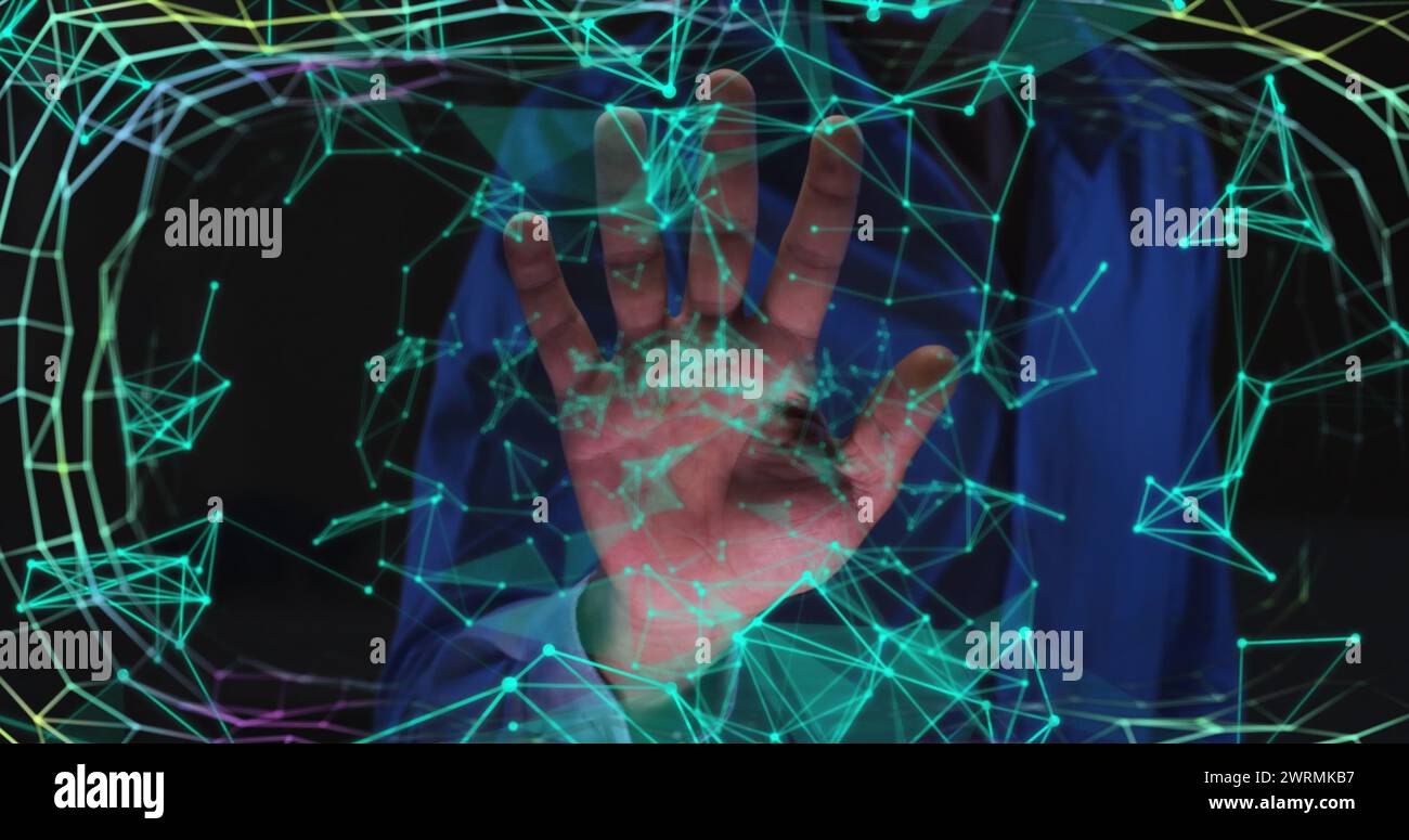 Image of biometric hand check, connections and data processing on dark ...