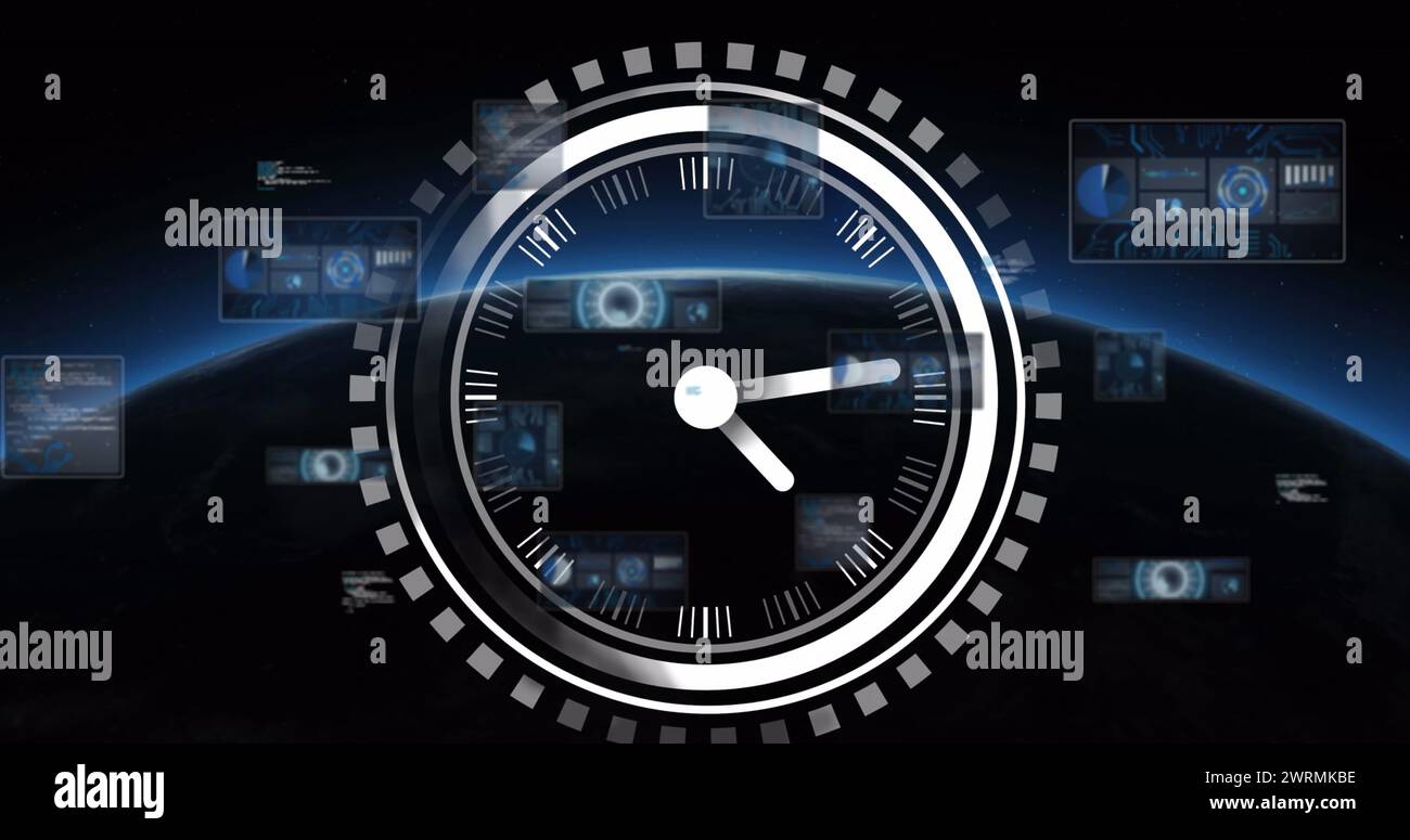 Image of moving clock over data processing on black background Stock ...