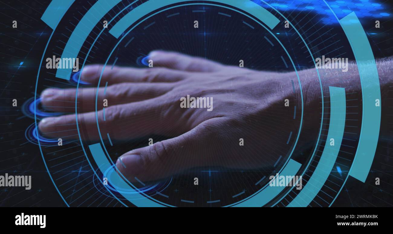 Image of biometric hand check, scopes and data processing on dark ...