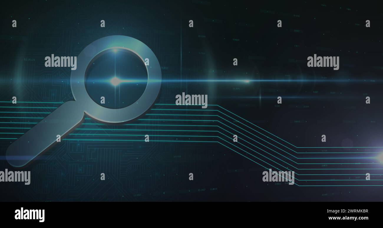 A magnifying glass icon highlights search on a digital background Stock ...