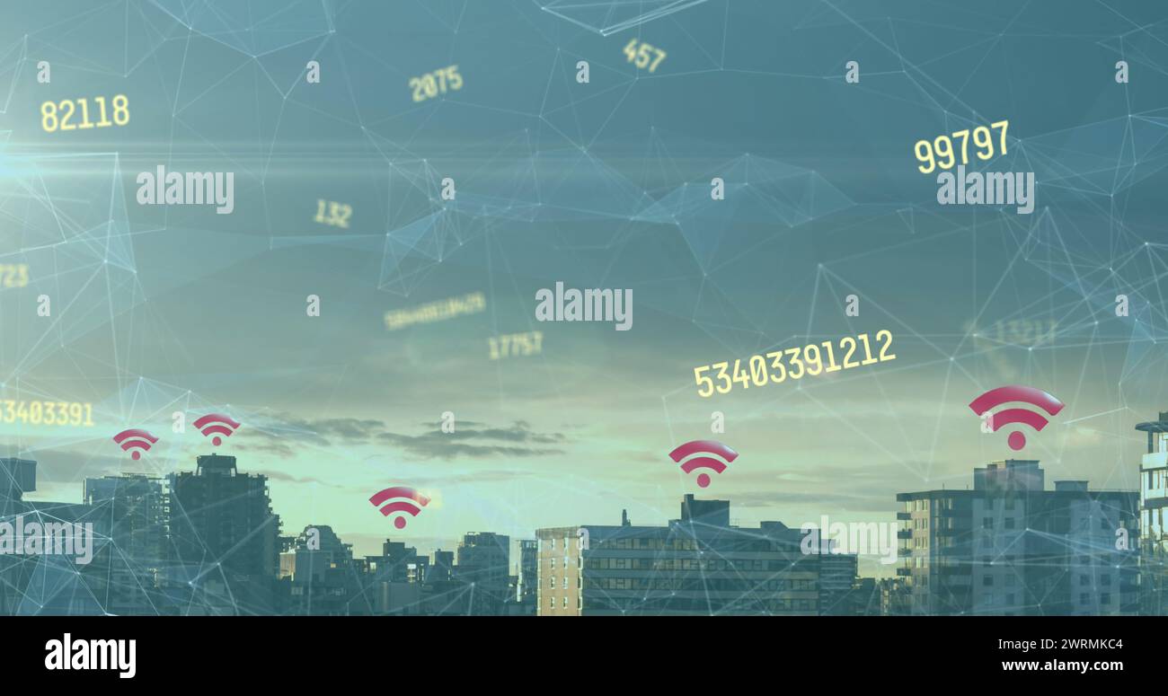 Image of floating numbers with net of connection and net icons over a cityscape Stock Photo - Alamy