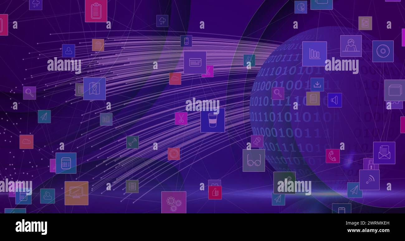 Image of digital icons over globe with binary coding on purple ...