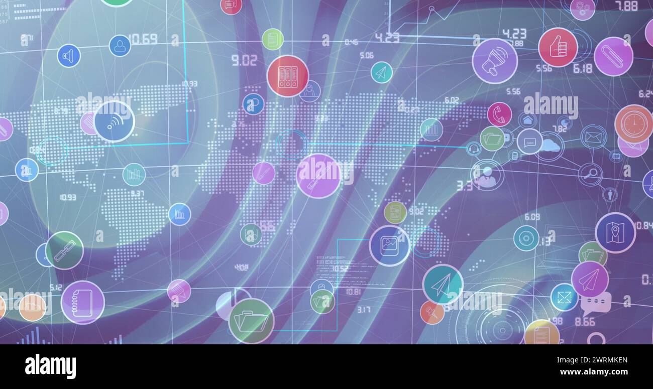 Image of digital icons and numbers changing over world map in ...