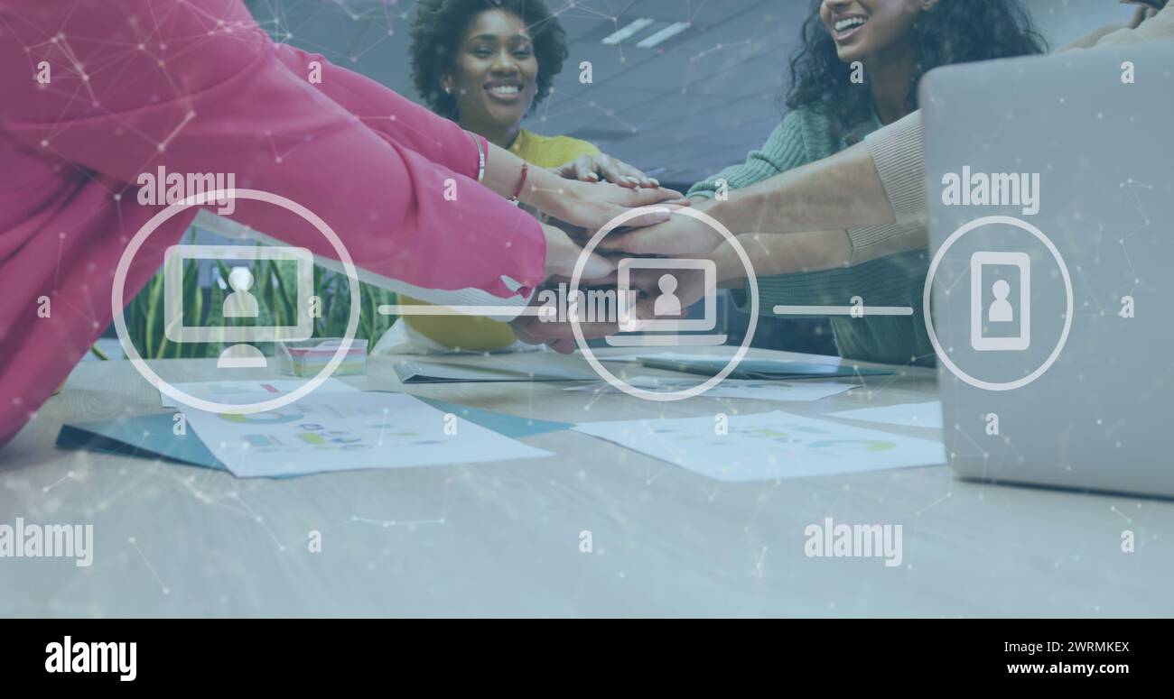 Image of icons and data processing over diverse business people ...