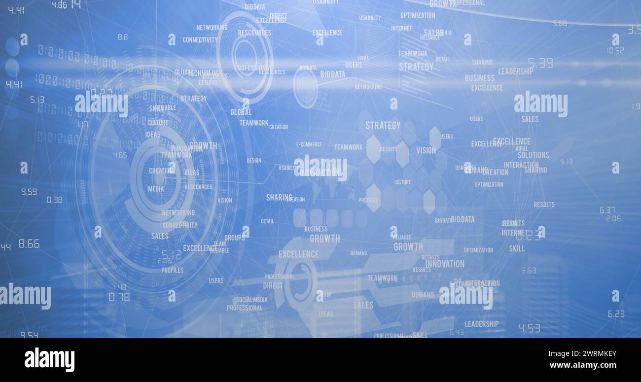 Image of speech bubble with likes and numbers, scopes scanning and business text on blue Stock ...