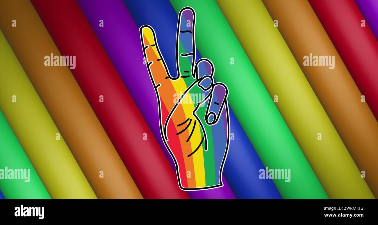 Image of rainbow hand with victory sign, stripes and colours moving on ...