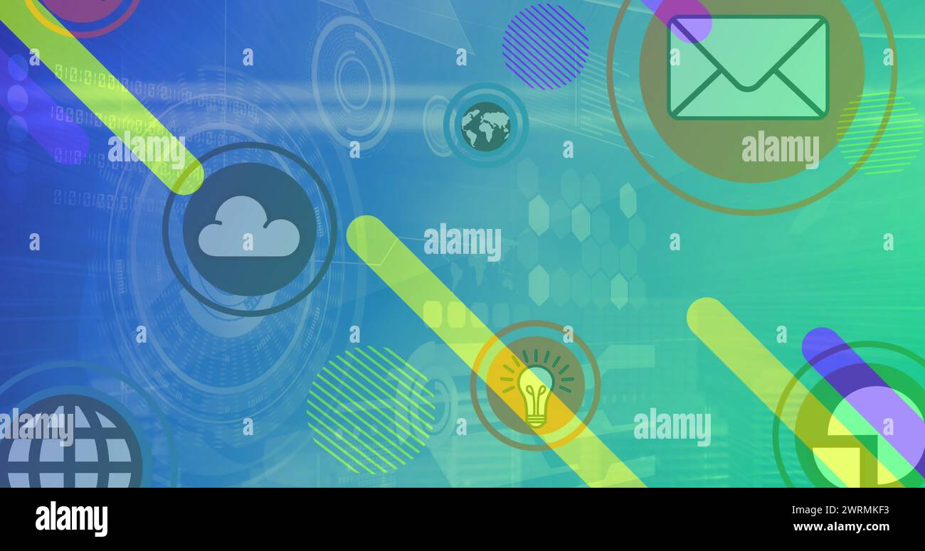 Image of digital icons and scopes scanning over abstract shapes Stock ...