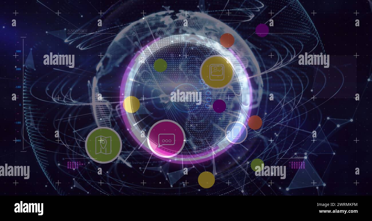 Image of digital icons over scopes scanning with network of connection ...