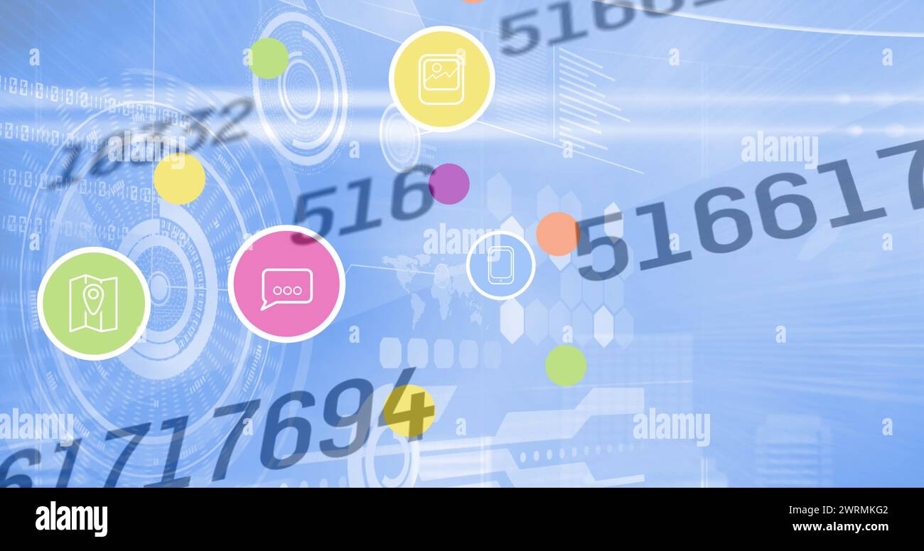 Image of numbers changing, digital icons over scopes scanning on blue ...
